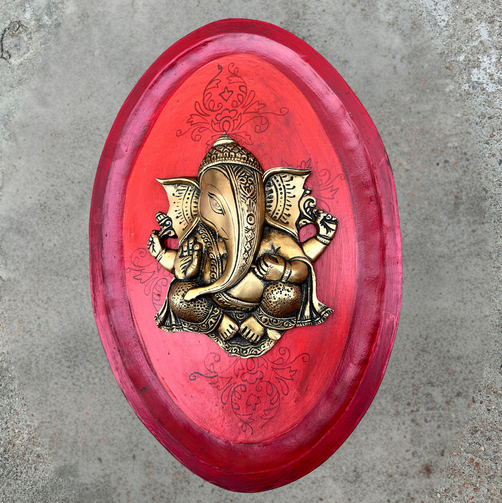 Red Wooden Art With Brass Ganesha – The Advitya