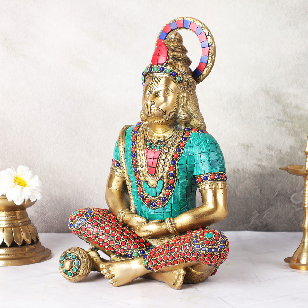 Brass Hanuman Ji in Dhyan Mudra with Mosaic Work – The Advitya